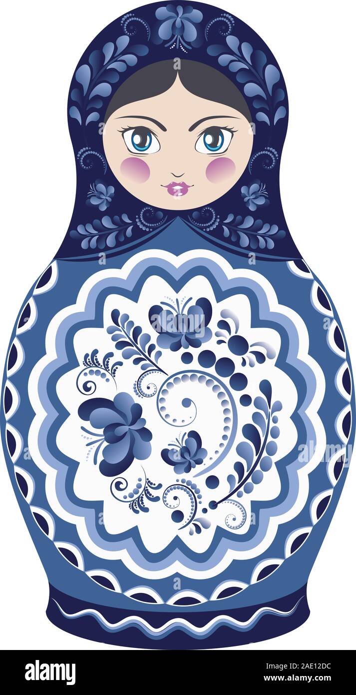 Decorative matryoshka doll with folk floral ornament of blue color ...