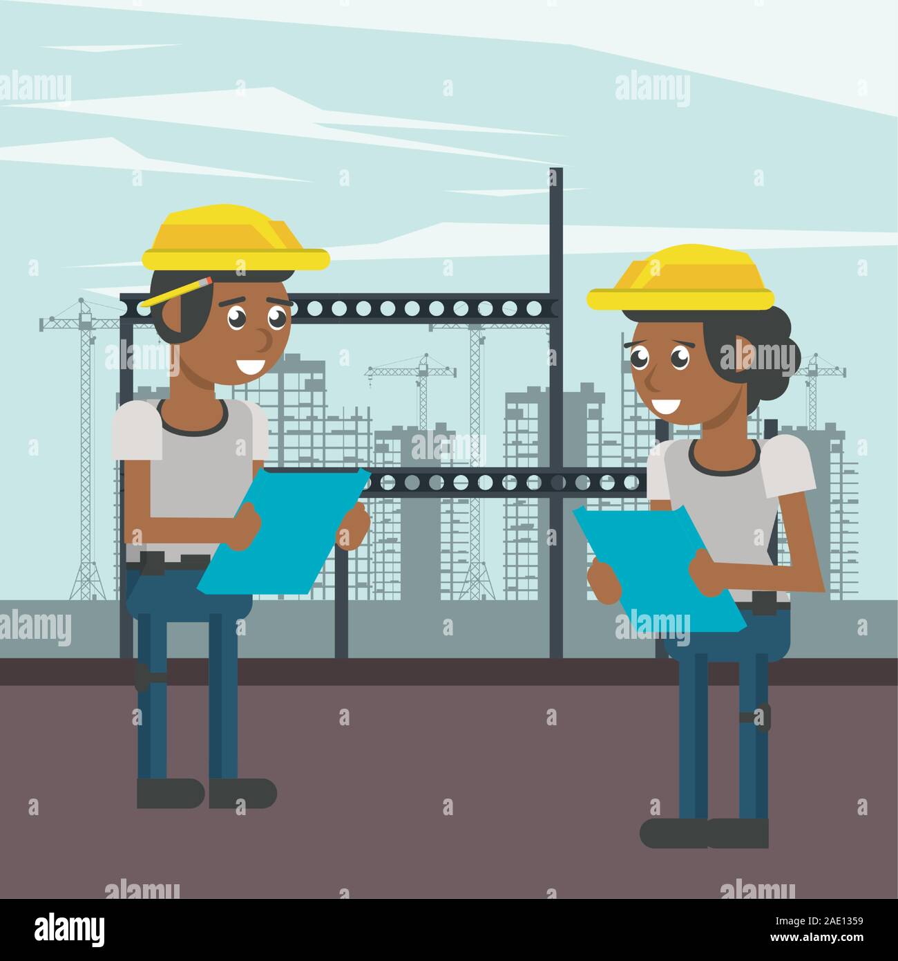 men builders working under construction scene Stock Vector Image & Art ...