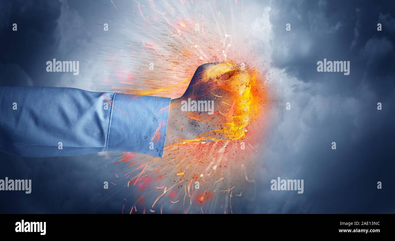 Hand hits strongly and makes fire beam around Stock Photo - Alamy