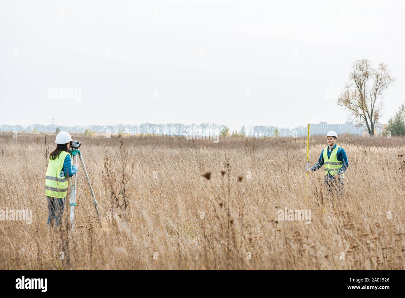 Surveyors measuring land with digital level and ruler in field Stock ...