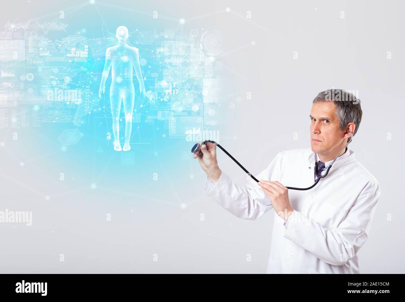 Middle aged scientist with full body map concept Stock Photo - Alamy