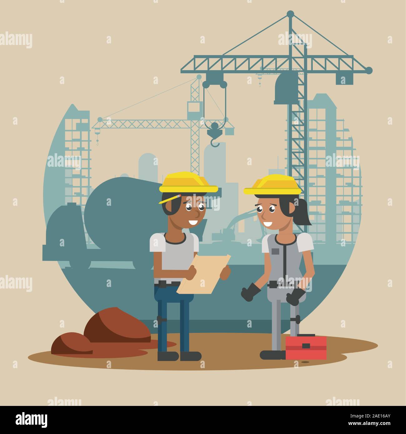 couple of builders working under construction scene Stock Vector Image ...