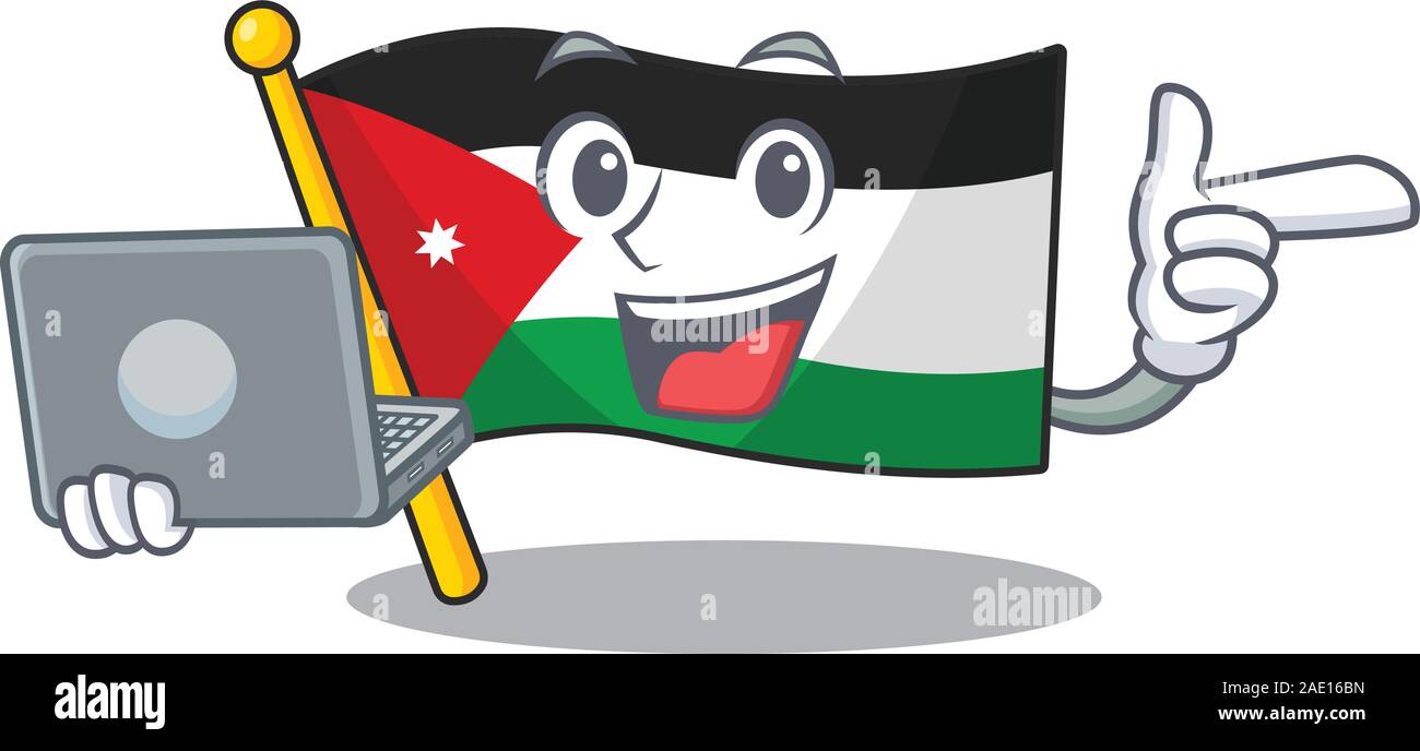 Happy smiling flag jordan cartoon character working with laptop Stock ...