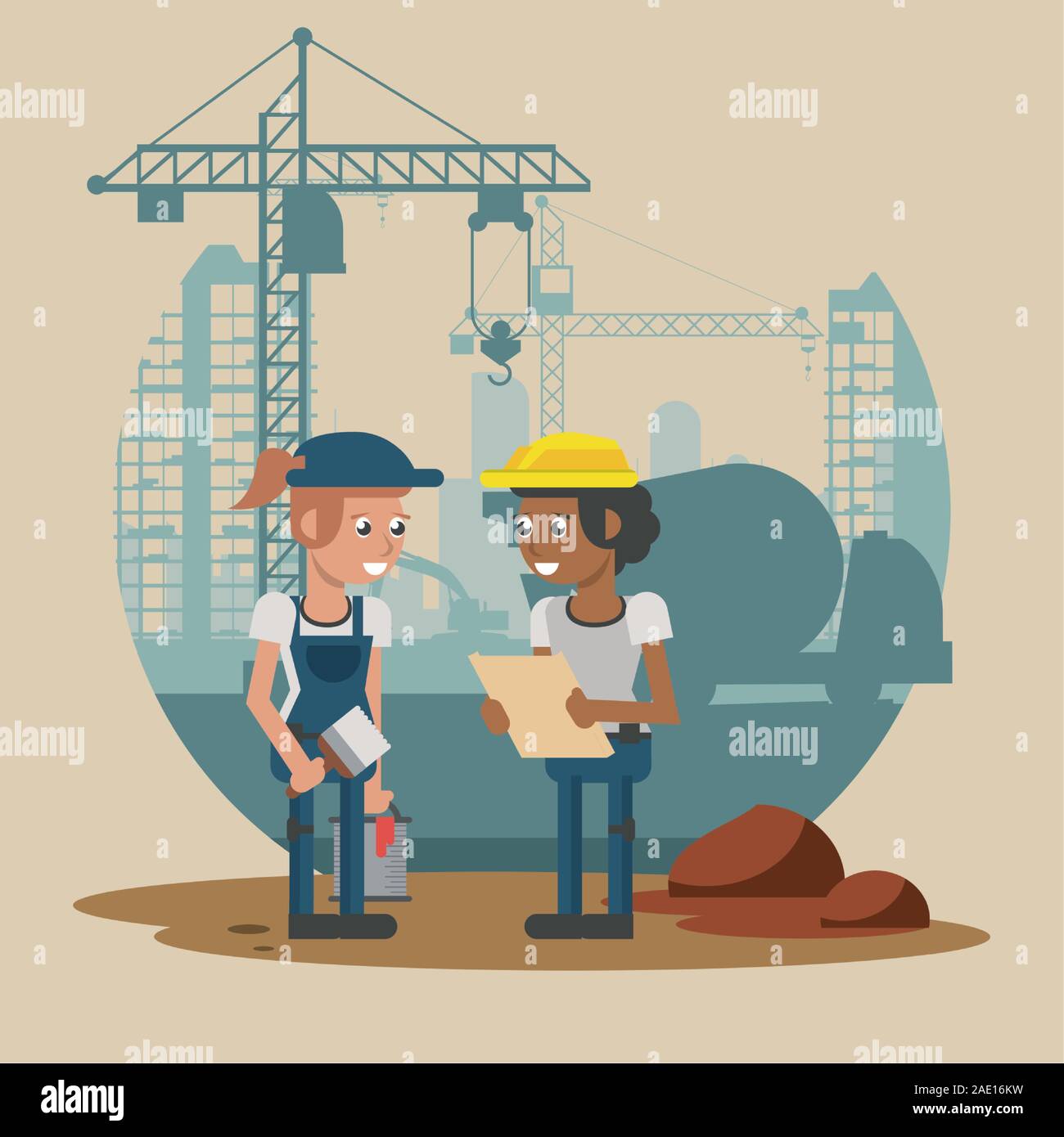 couple of builders working under construction scene Stock Vector Image ...