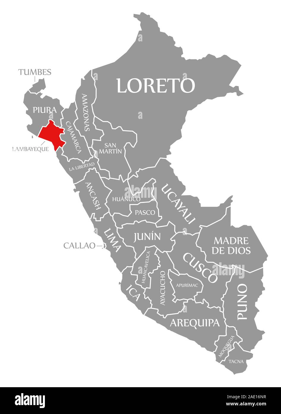 Lambayeque red highlighted in map of Peru Stock Photo - Alamy