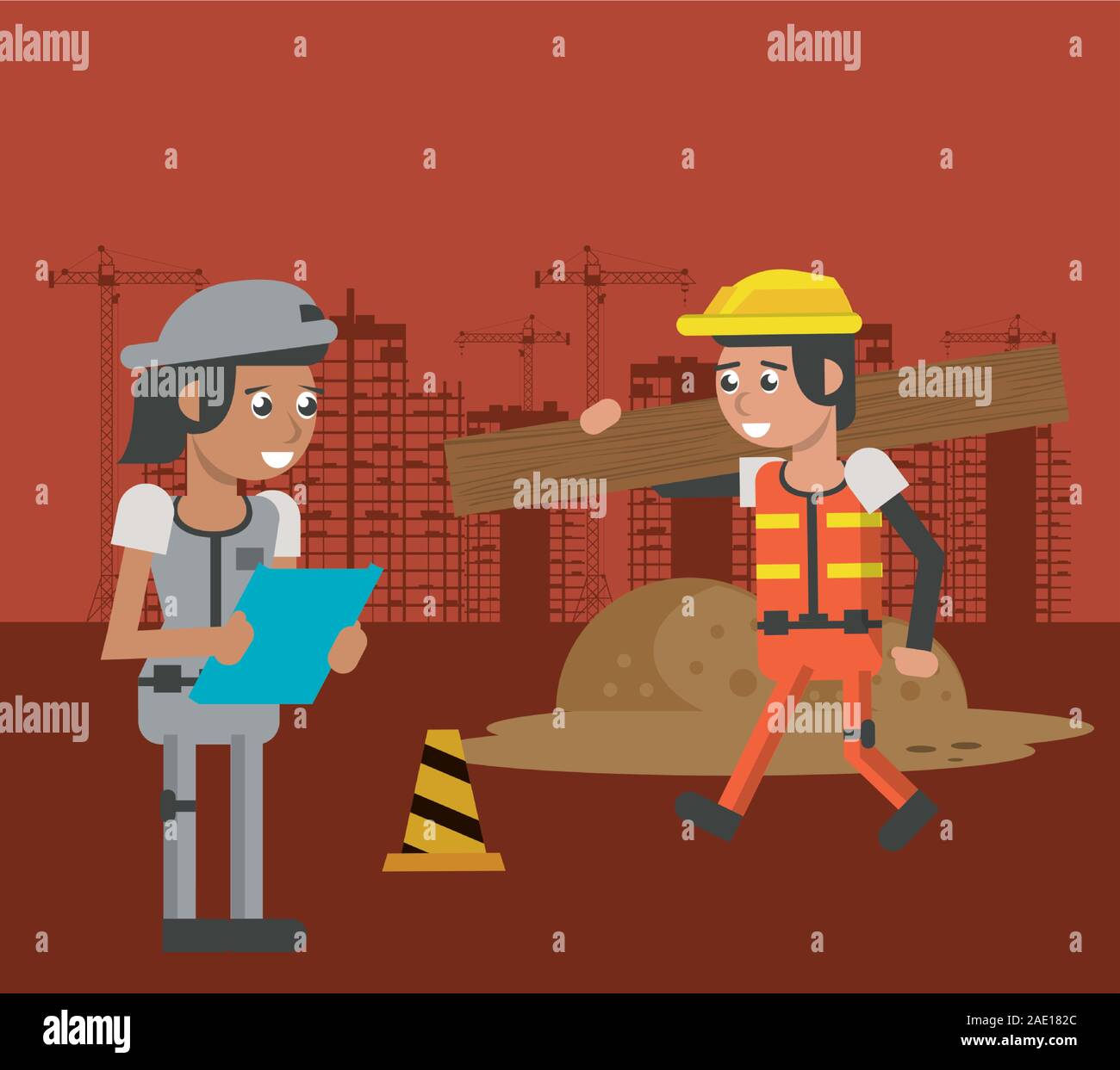 couple of builders working under construction scene Stock Vector Image ...
