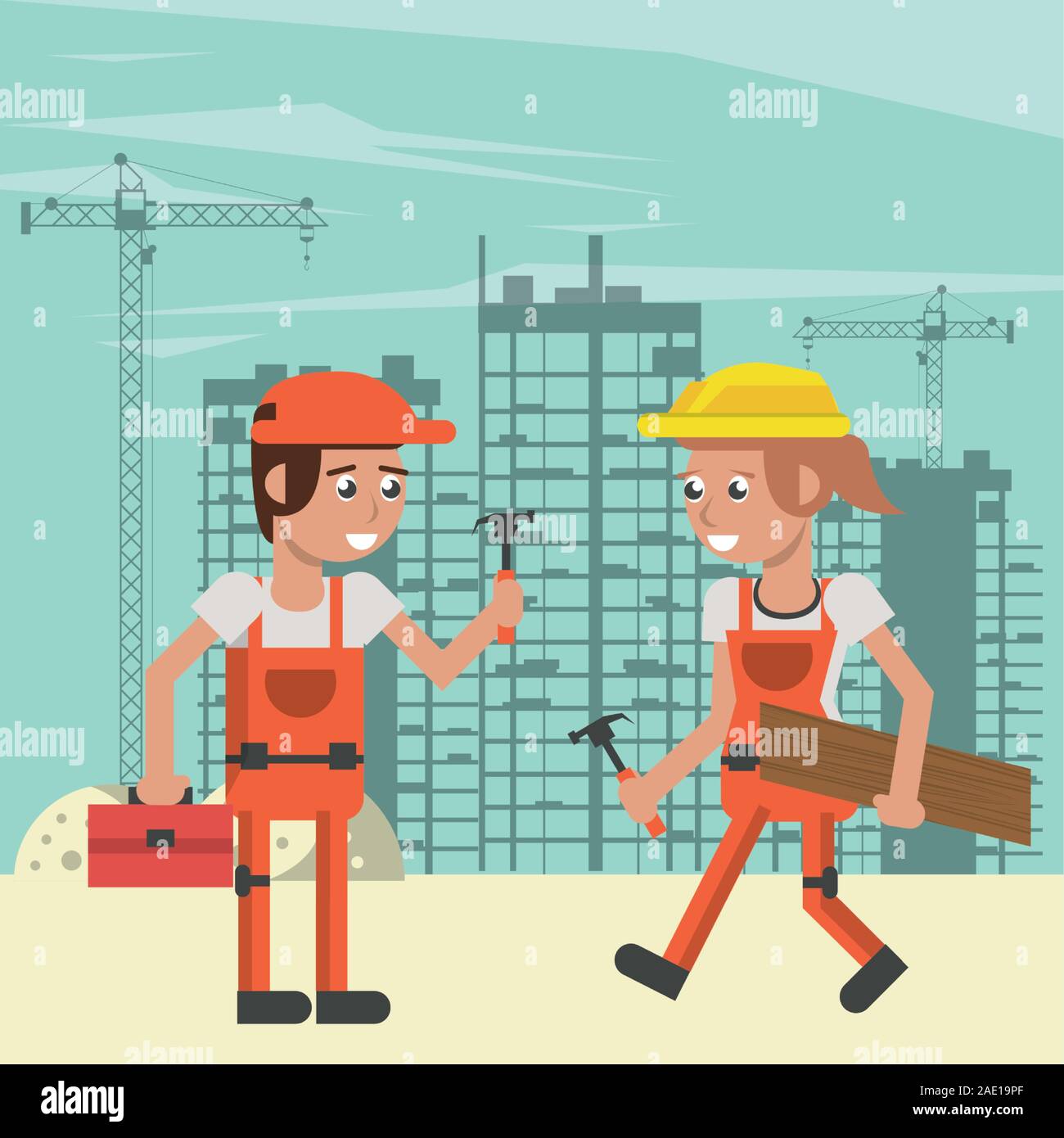 couple of builders working under construction scene Stock Vector Image ...