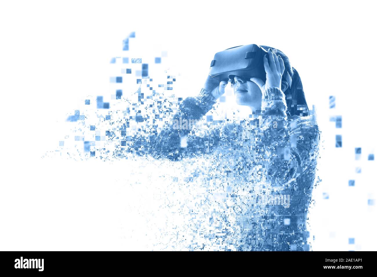 The woman with glasses of virtual reality in classic blue color. VR ...