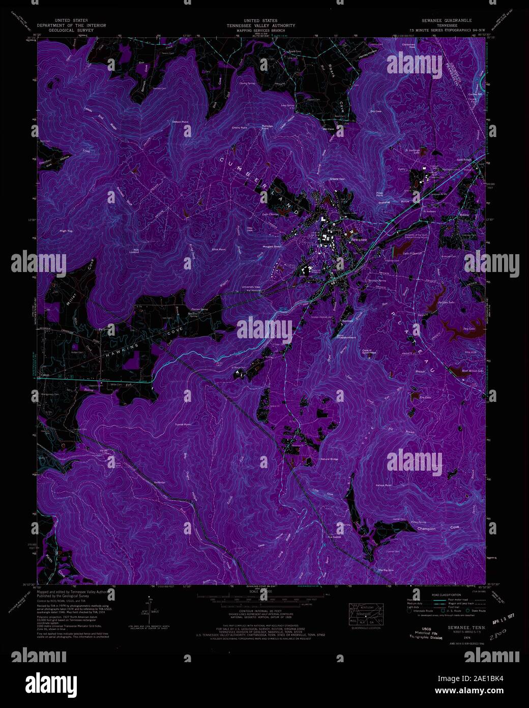 USGS TOPO Map Tennessee TN Sewanee 153111 1974 24000 Inverted ...