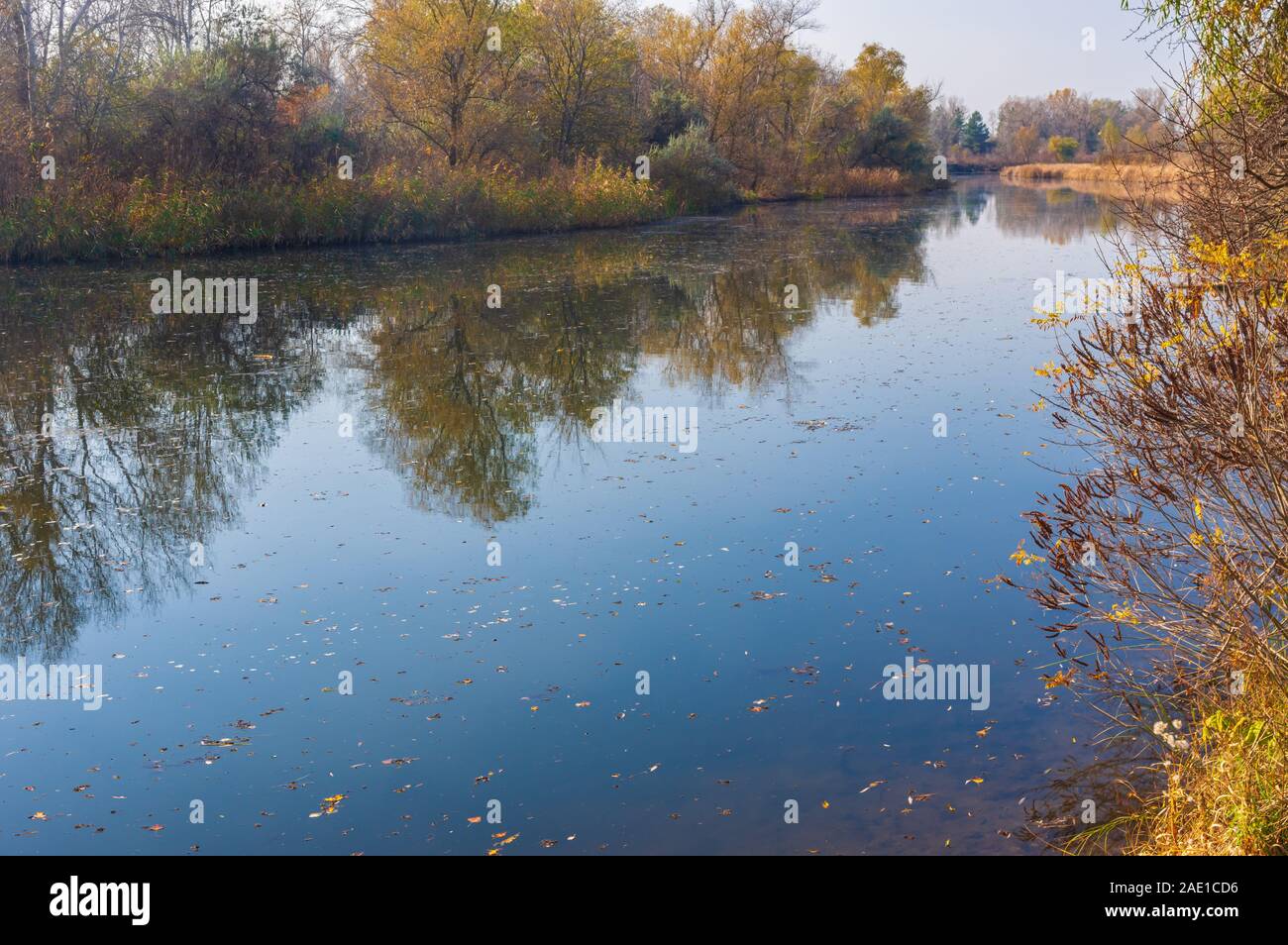 Autumnal landscape with small Ukrainian river Oril in fall of the ...