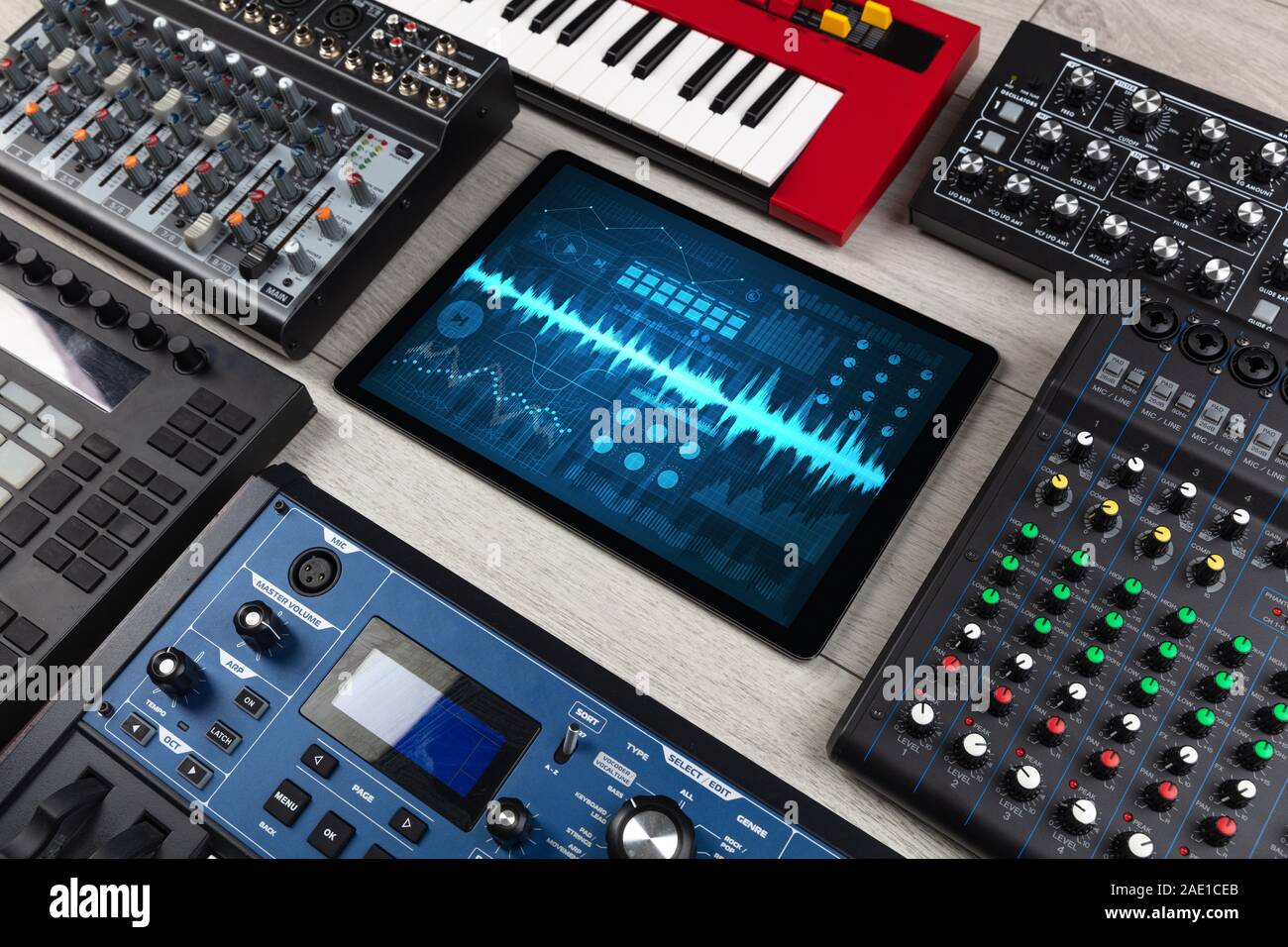Music instruments and tablet with recording sound concept Stock Photo ...