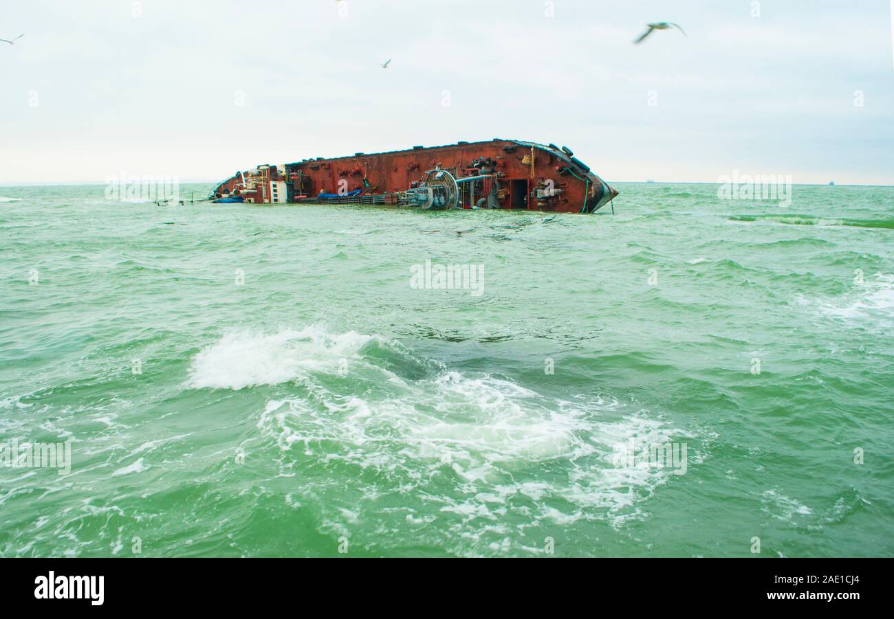 Ecological catastrophe. Oil pollution of the sea. Shipwreck close to ...