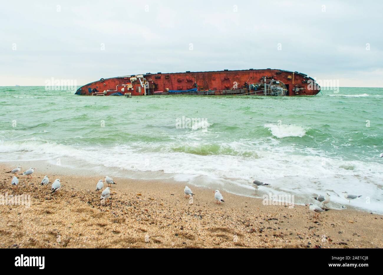 Ecological catastrophe. Oil pollution of the sea. Shipwreck close to ...