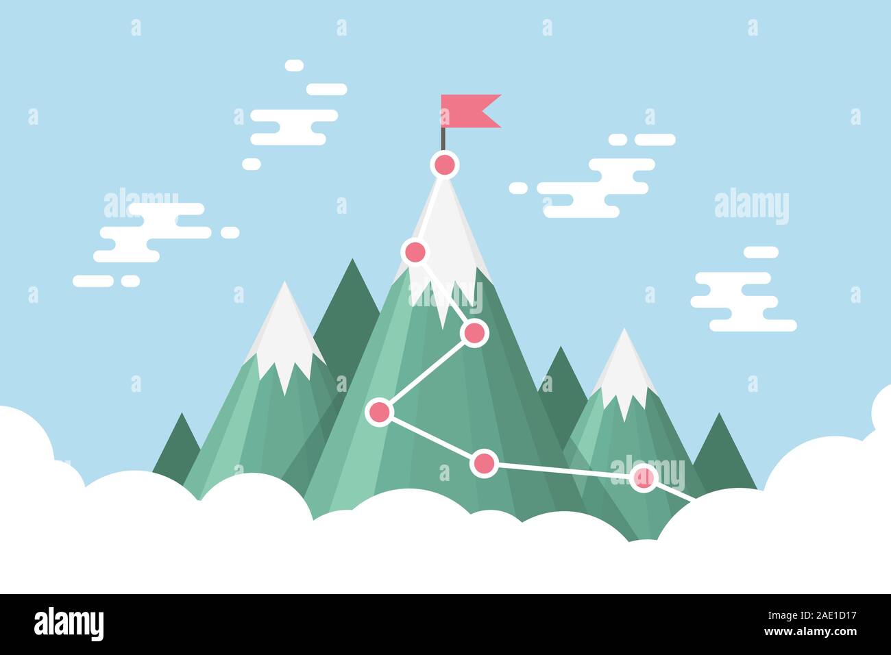 Business goal success concept infographic. Flag on the top of mountain ...