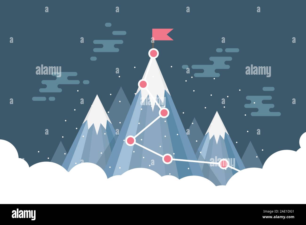 Business goal success concept infographic. Flag on the top of snow ...