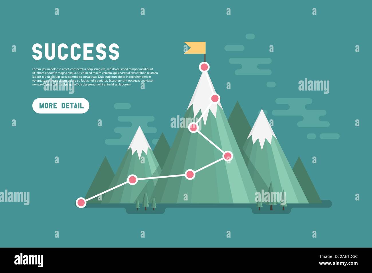 Business goal success concept infographic. Flag on the top of mountain ...