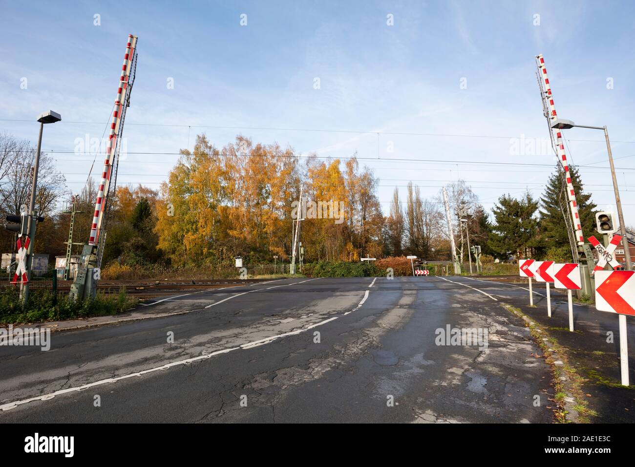 Opened railway crossing gate, Dortmund, North Rhine-Westphalia, Germany ...