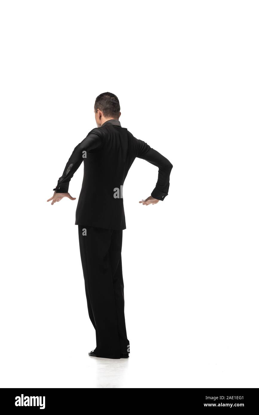 back view of elegant dancer performing tango on white background Stock ...
