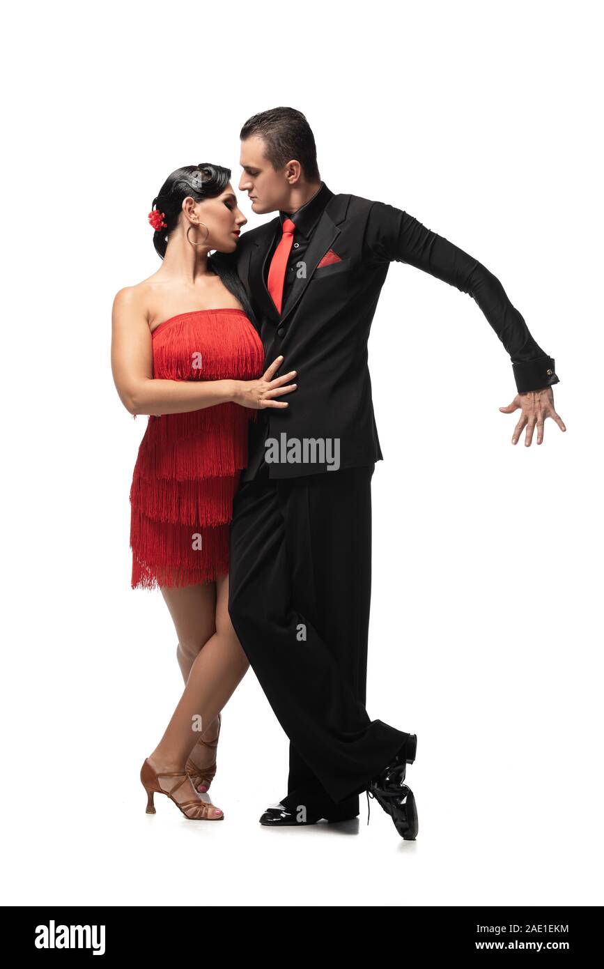 passionate, stylish dancers performing tango on white background Stock ...