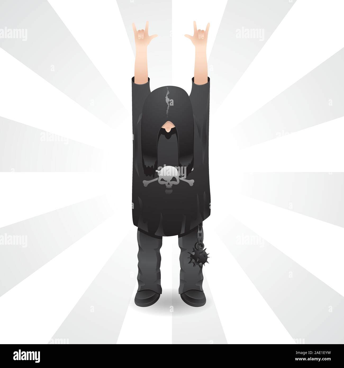 The long-haired rocker holds up a horn sign in a skull t-shirt on ...