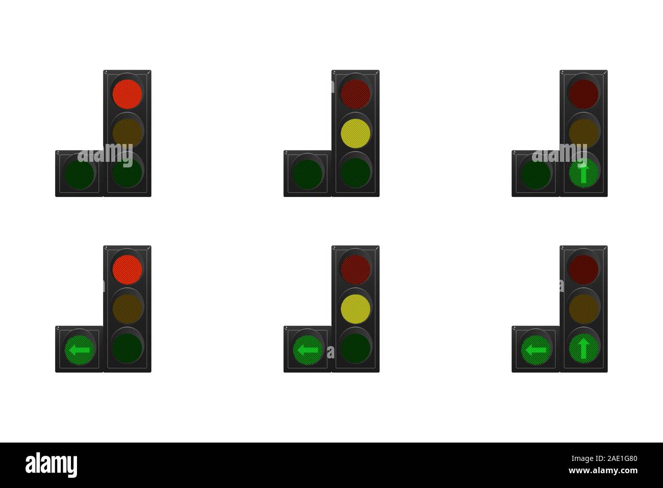 Set of traffic lights. Red, yellow and green. Arrow straight, turn left ...