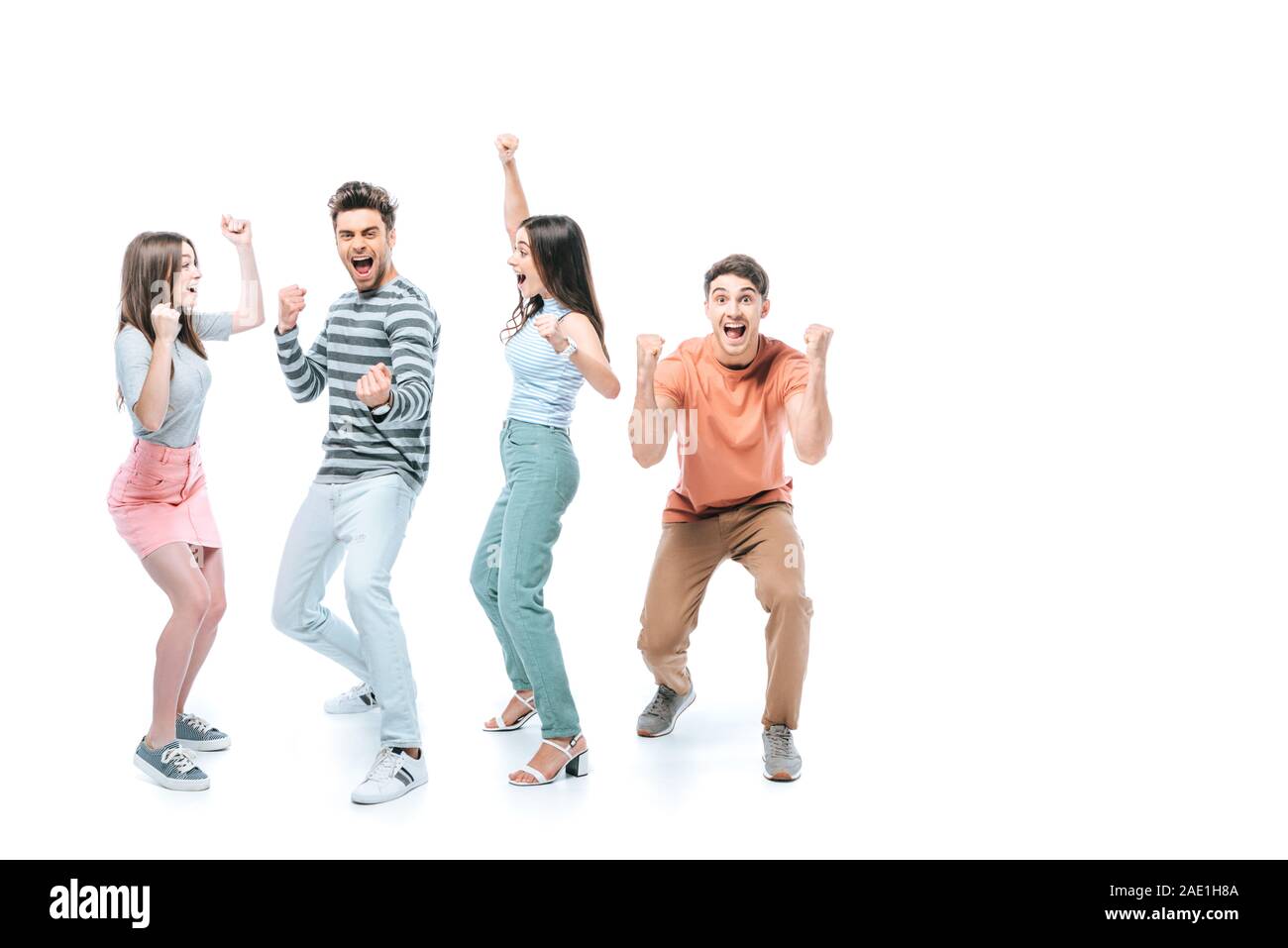 excited friends screaming and celebrating isolated on white Stock Photo ...
