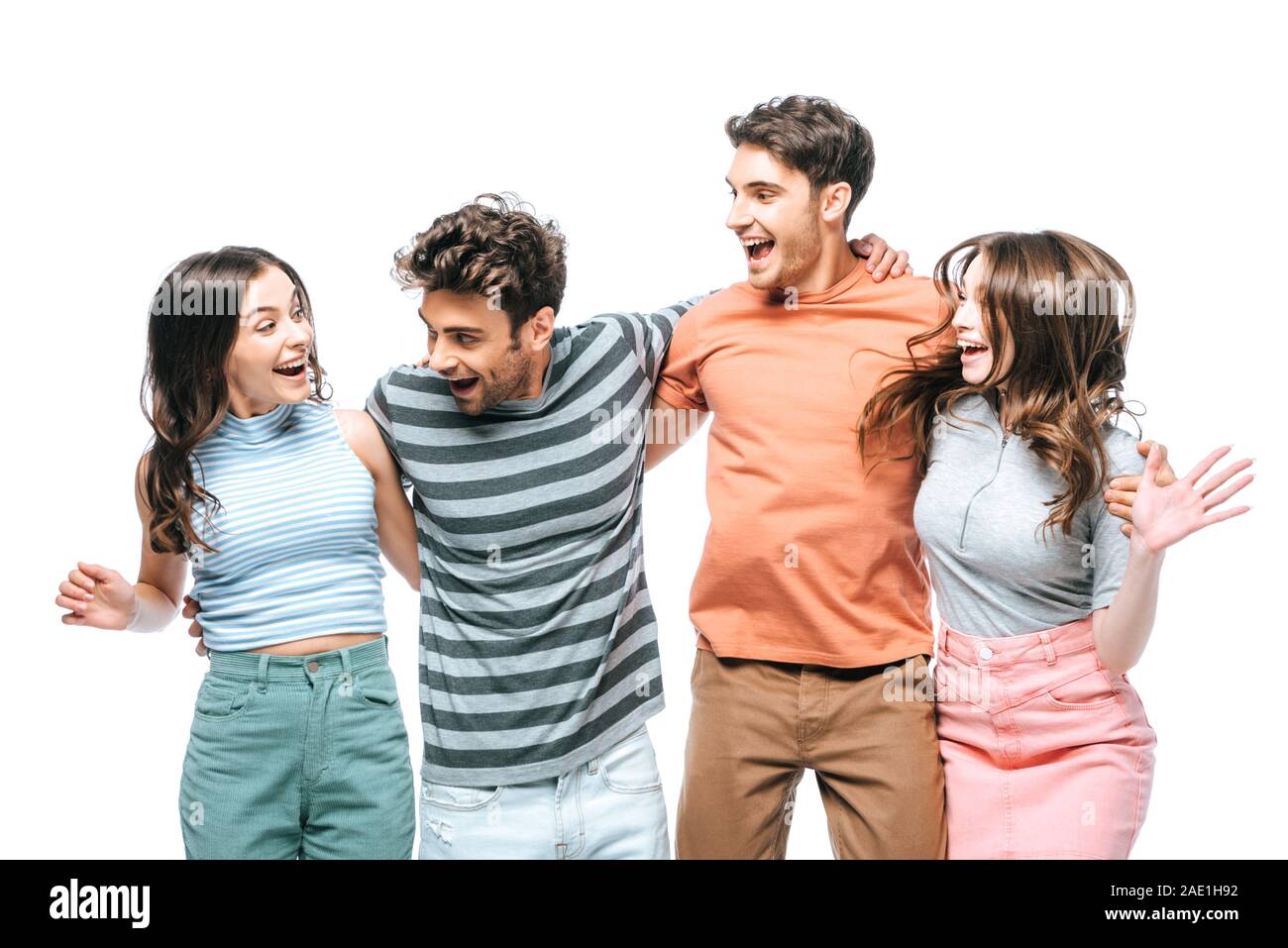 happy excited friends celebrating triumph, isolated on white Stock ...