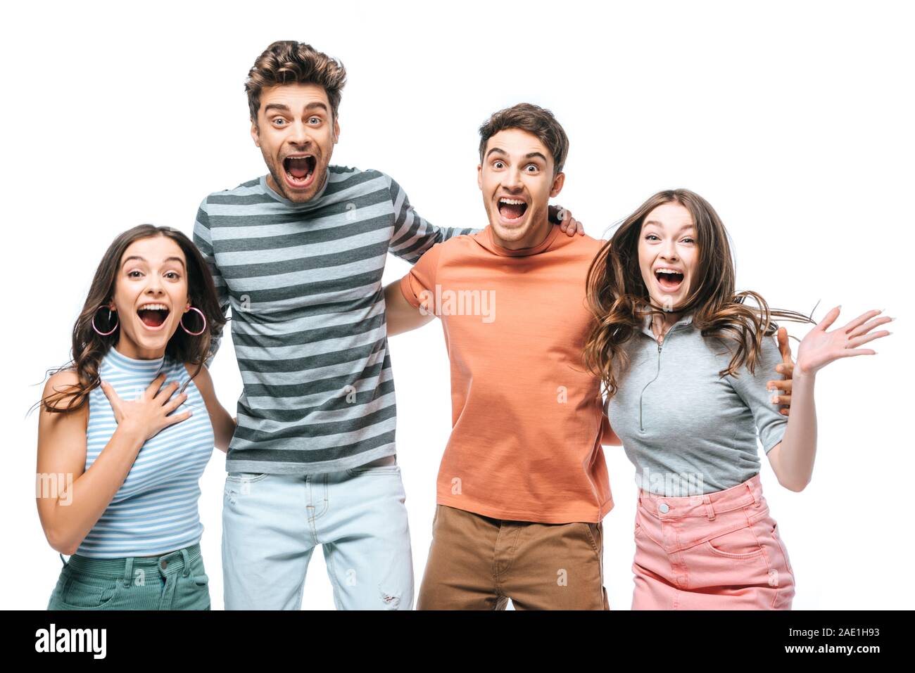 excited friends shouting and celebrating isolated on white Stock Photo ...