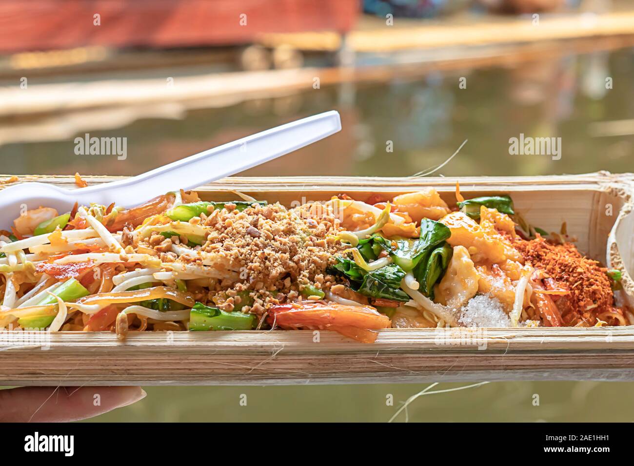 Fried noodle with spring onion and bean sprouts in bamboo Stock Photo ...