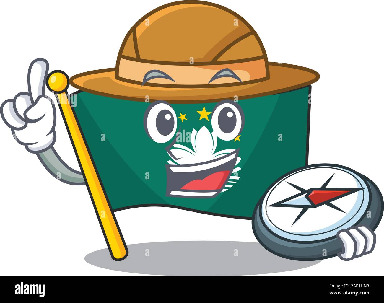 Explorer flag macau cartoon character holding a compass Stock Vector ...