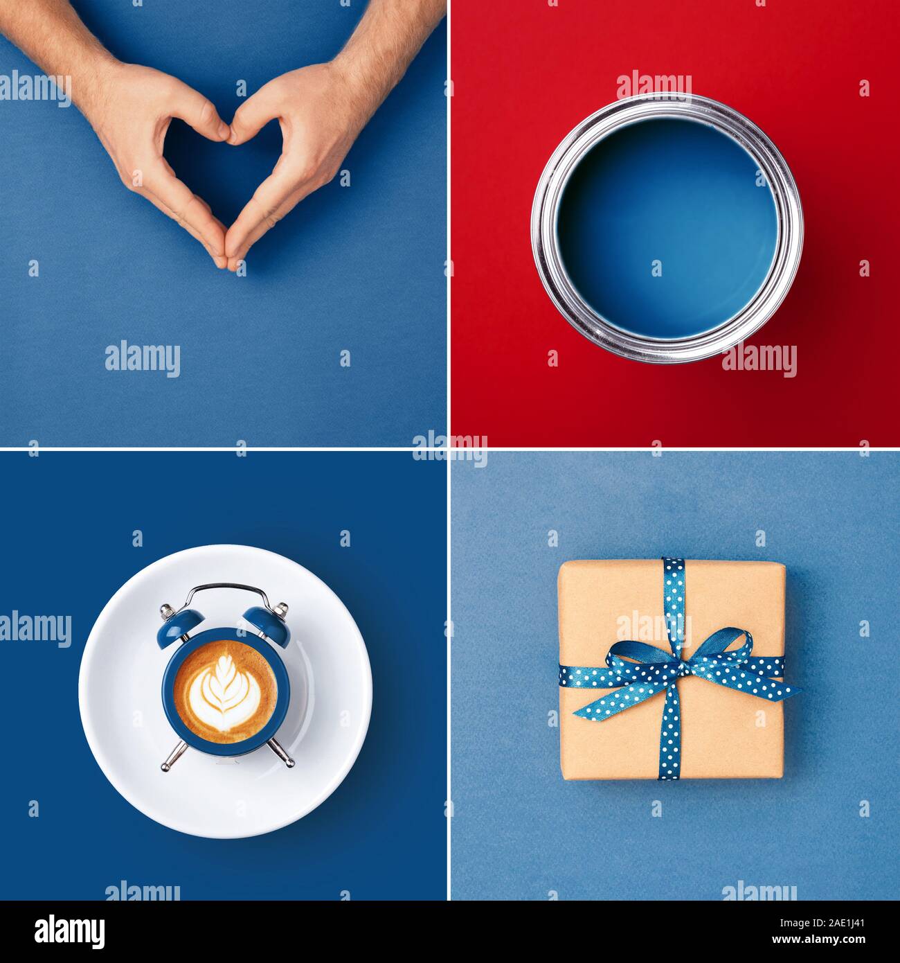 Collage made of four photos from everyday life in which the color blue ...