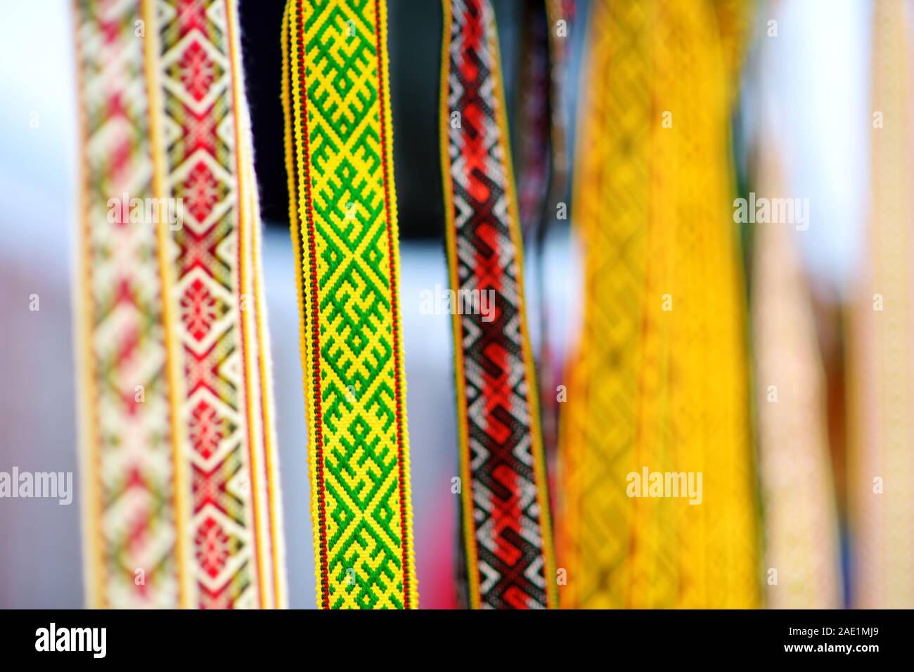 Details of a traditional colorful Lithuanian weave. Woven belts as a ...