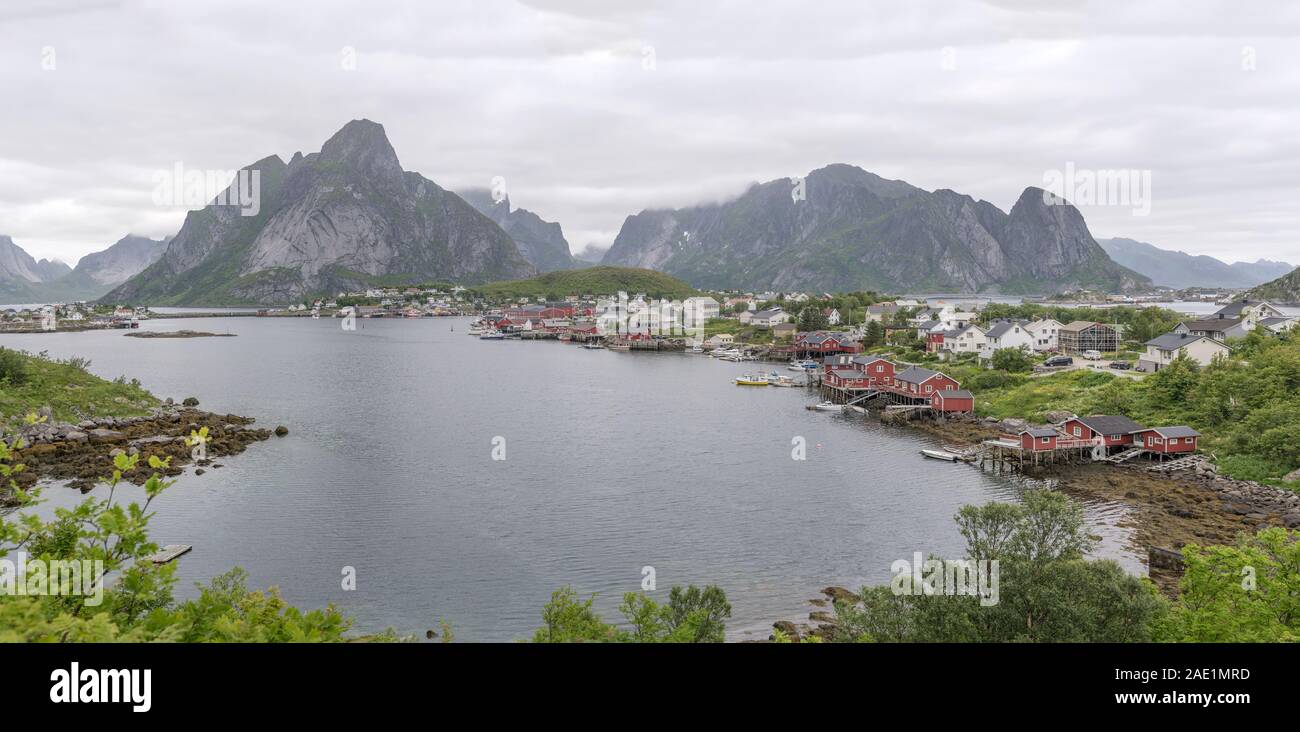 REINE, NORWAY - July 14 2019: Arctic circle fjord cityscape with ...