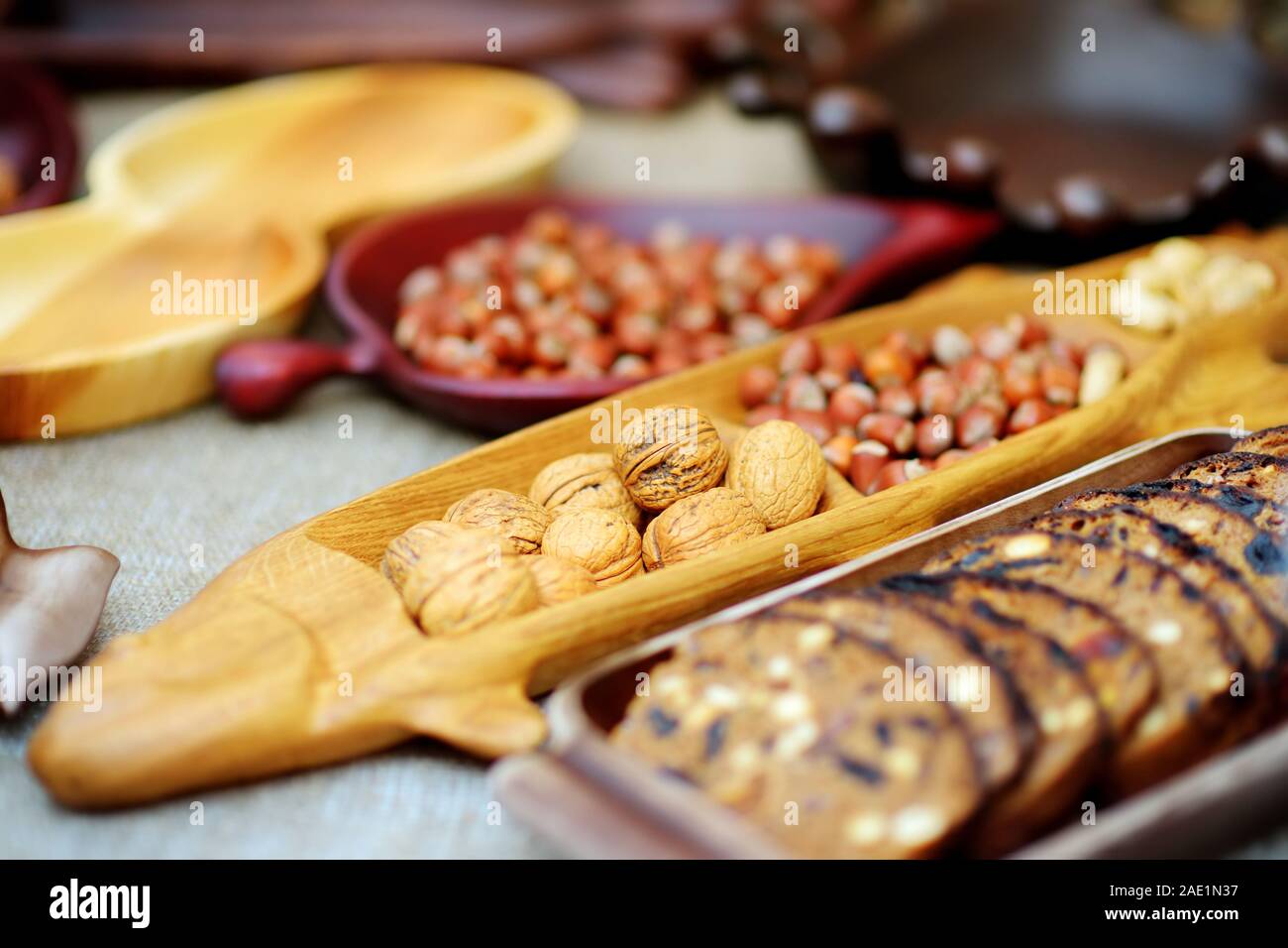 Assorted nuts and organic bread sold on traditional Lithuanian Easter ...
