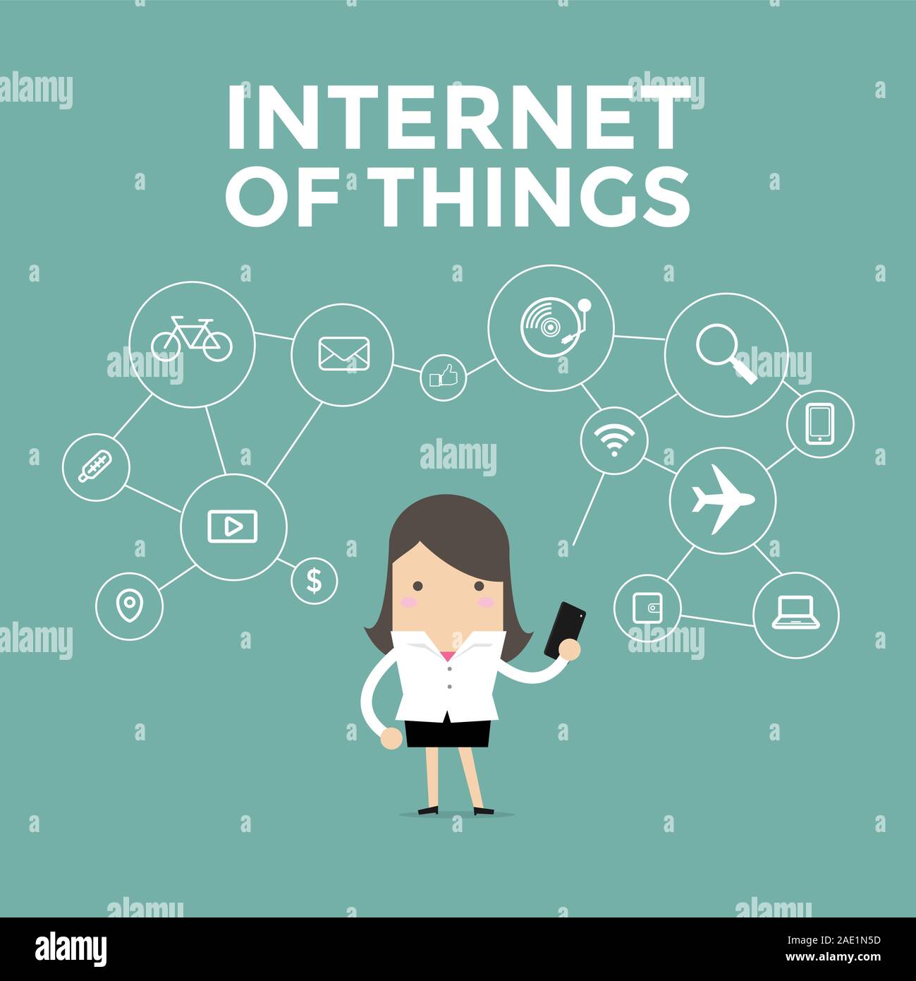 Businesswoman holding mobile phone connected to various objects ...