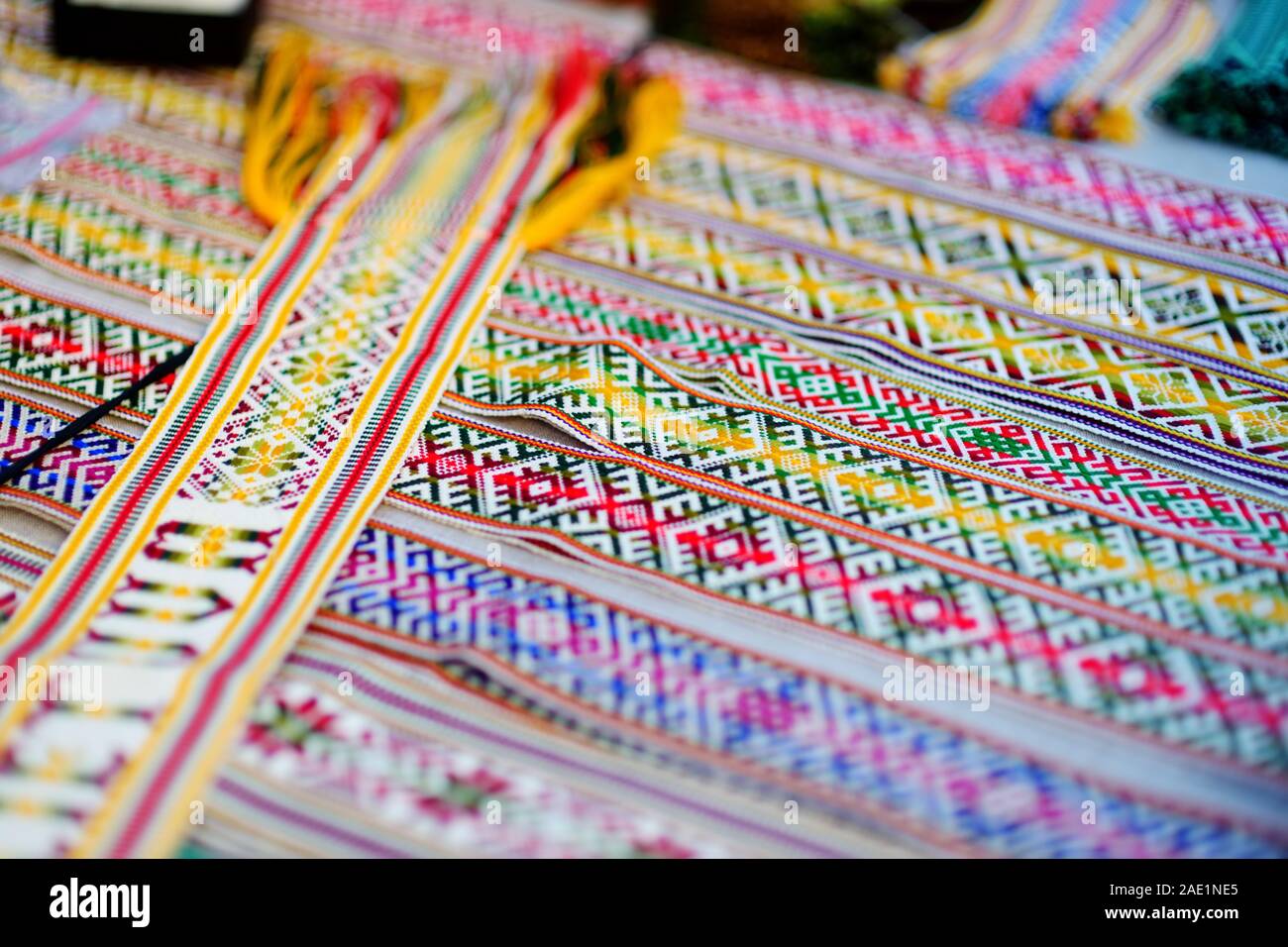 Details of a traditional colorful Lithuanian weave. Woven belts as a ...