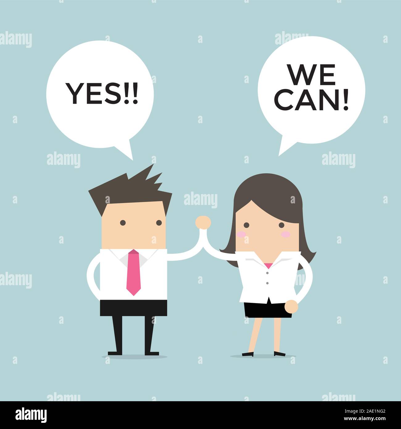 Businessman and businesswoman giving each other a high five, Yes We Can ...