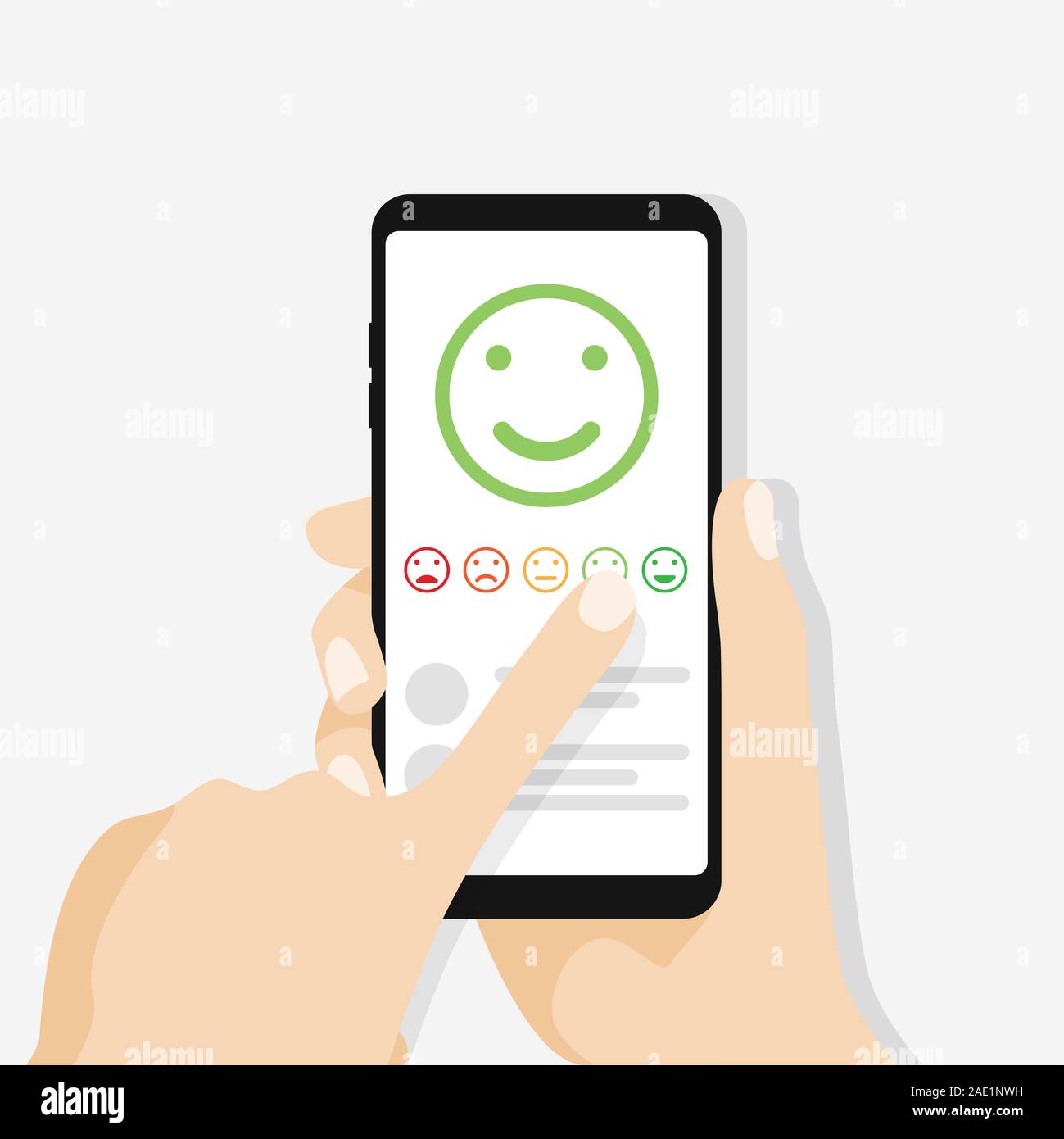 Human hand holding mobile phone with social network feedback emoticons ...
