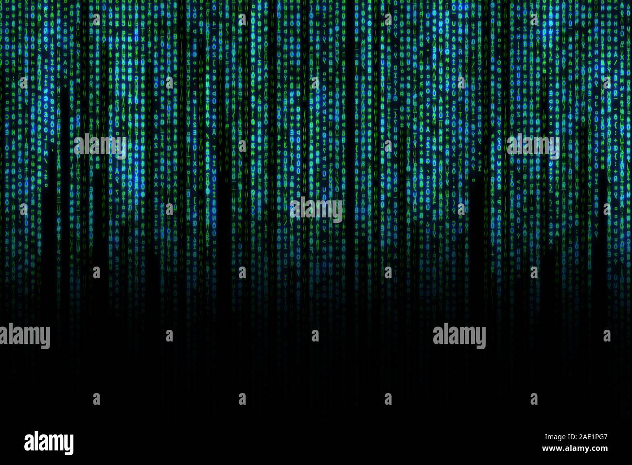 Binary matrix background. Falling sign on dark backdrop. Abstract data concept. Blue and green ...