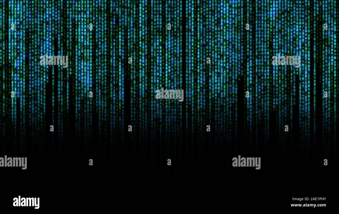 Binary matrix background. Falling sign on dark backdrop. Abstract data concept. Blue and green ...