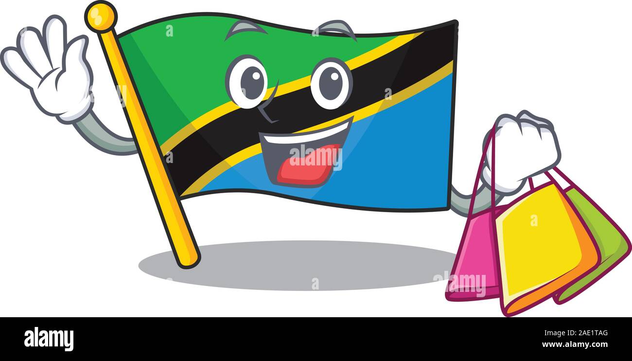 Cheerful flag tanzania cartoon character waving and holding Shopping ...