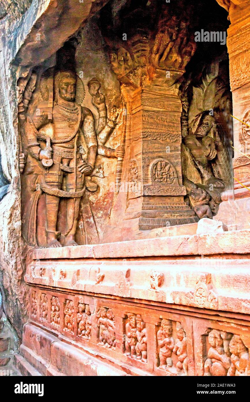Eight arm Vishnu relief sculpture, Rock cut cave temple, Badami ...