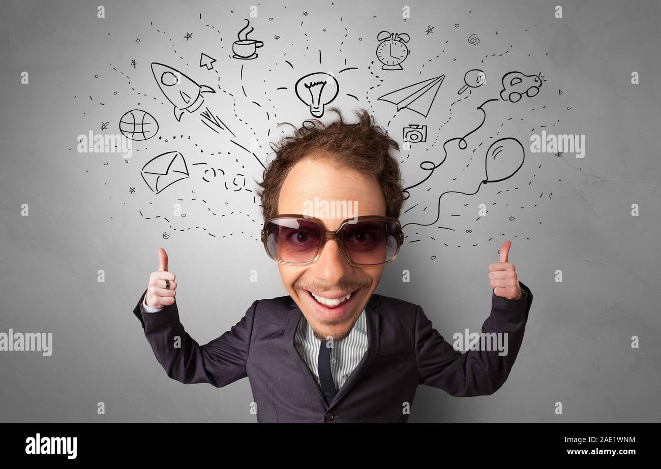 Full big head on small body with icons and symbols around Stock Photo ...