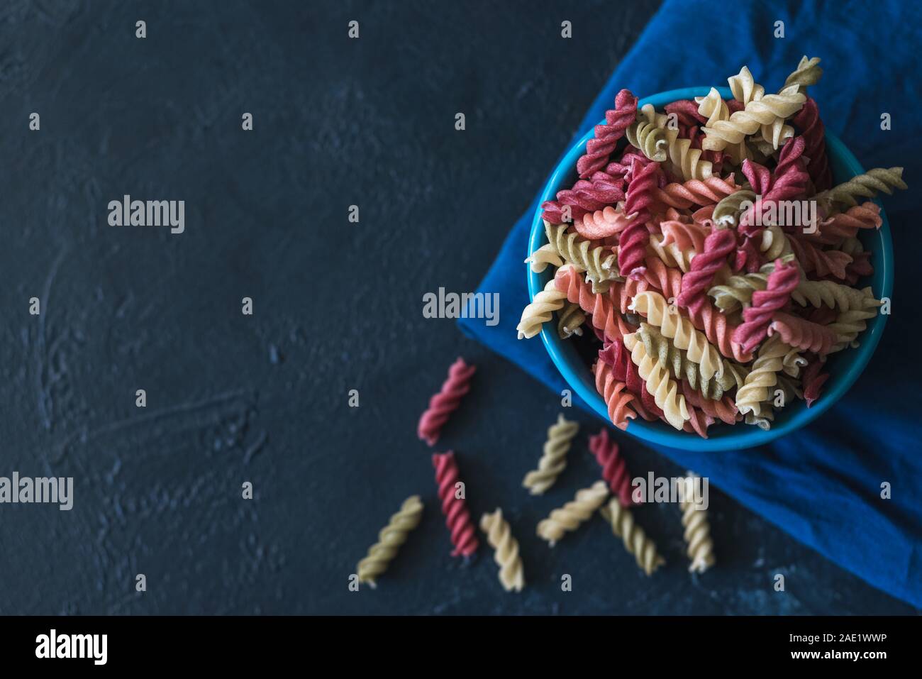 vegetarian pasta on a dark classic blue background copy space Stock ...