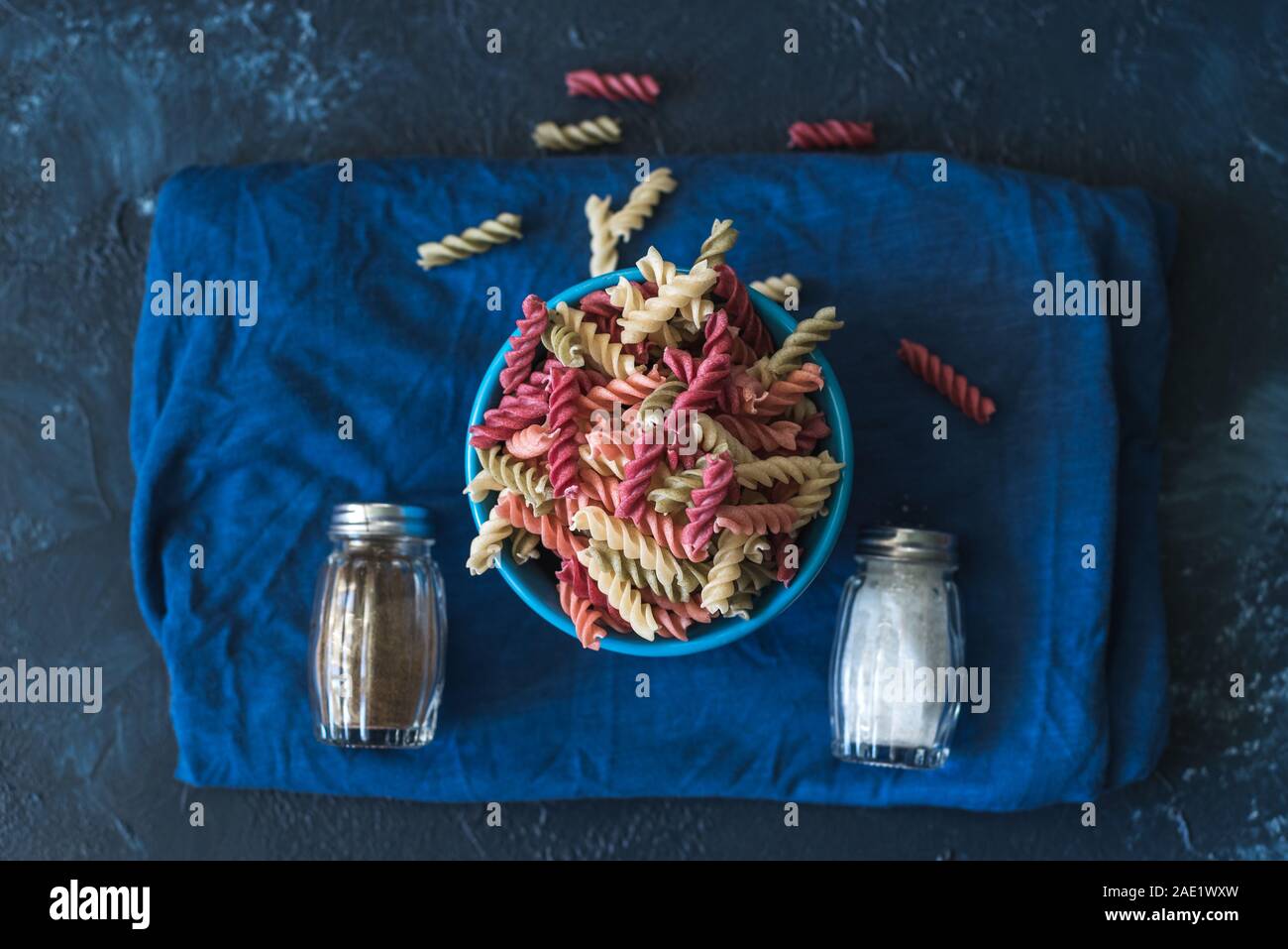 vegetarian pasta on a dark classic blue background copy space Stock ...