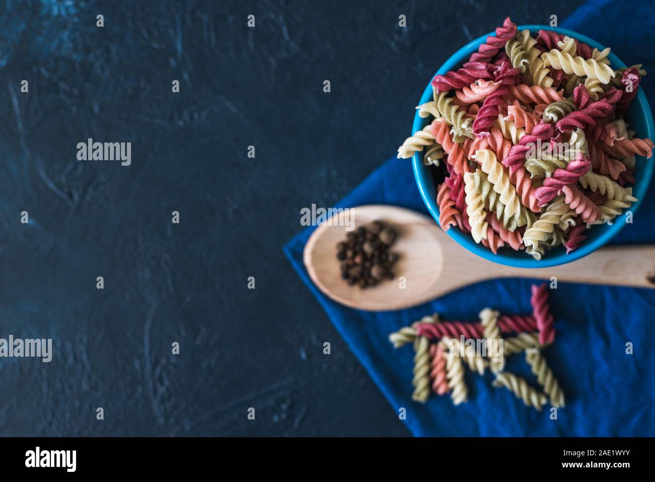 vegetarian pasta on a dark classic blue background copy space Stock ...