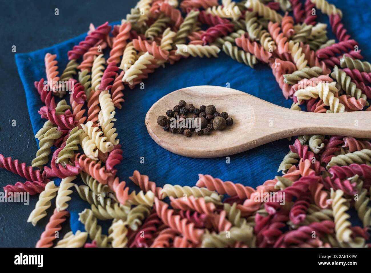 vegetarian pasta on a dark classic blue background copy space Stock ...