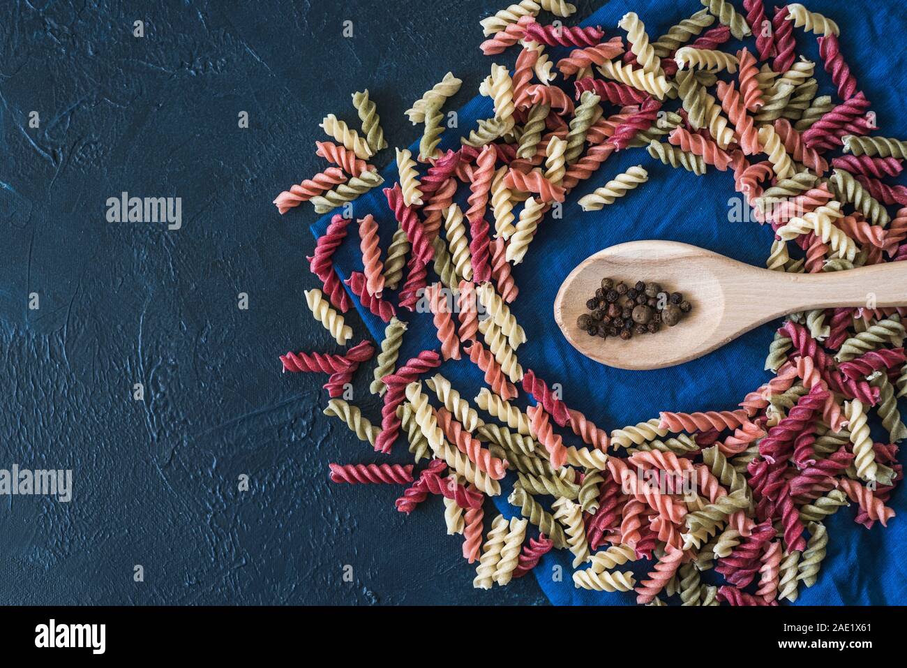 vegetarian pasta on a dark classic blue background copy space Stock ...