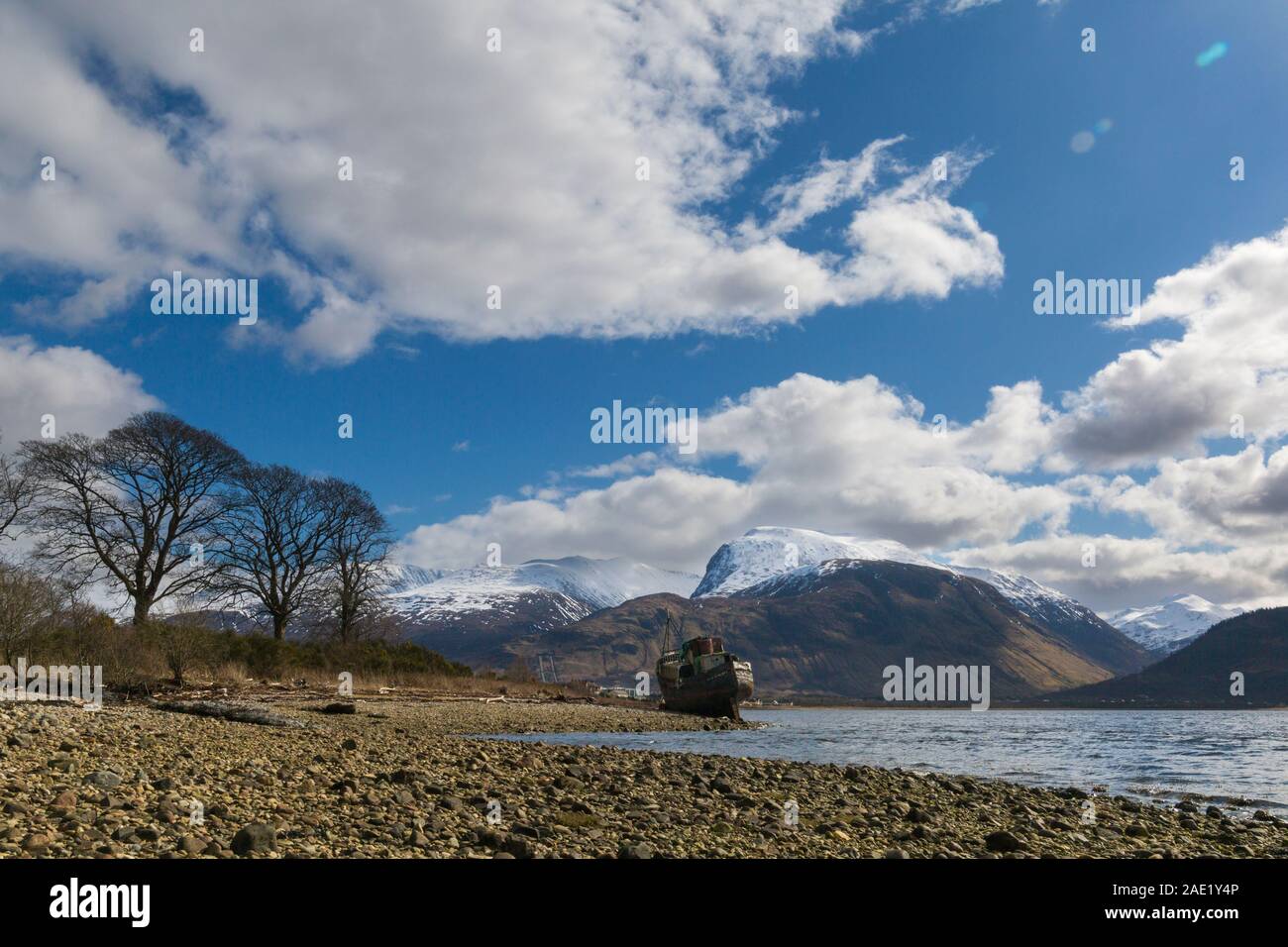 The wreck of the MV Dayspring boat with Ben Nevis behind, Corpach, Fort ...