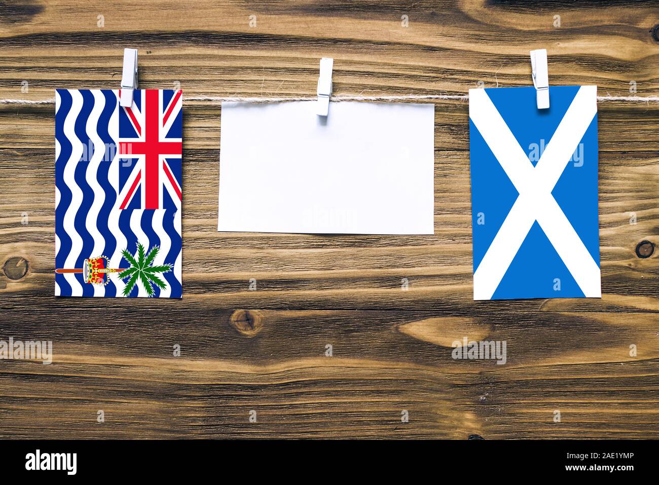 Hanging flags of British Indian Ocean Territory and Scotland attached ...